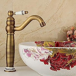 Kitchen & Bath Fixtures Taps Faucet,All-Copper Antique Above Counter Basin Faucet Blue and White Porcelain Hot and Cold Water Mixing Faucet, Gold,Gold