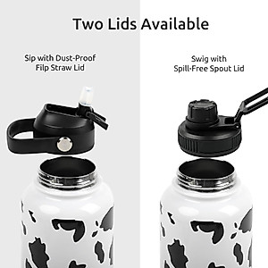 OINSOES 32oz Cow Print Insulated Sports Water Bottle - Leakproof and BPA Free Stainless Steel Thermos with Straw & Spout Lids for Hot & Cold Drinks - Double Walled Vacuum Cup Jug - Perfect Gifts