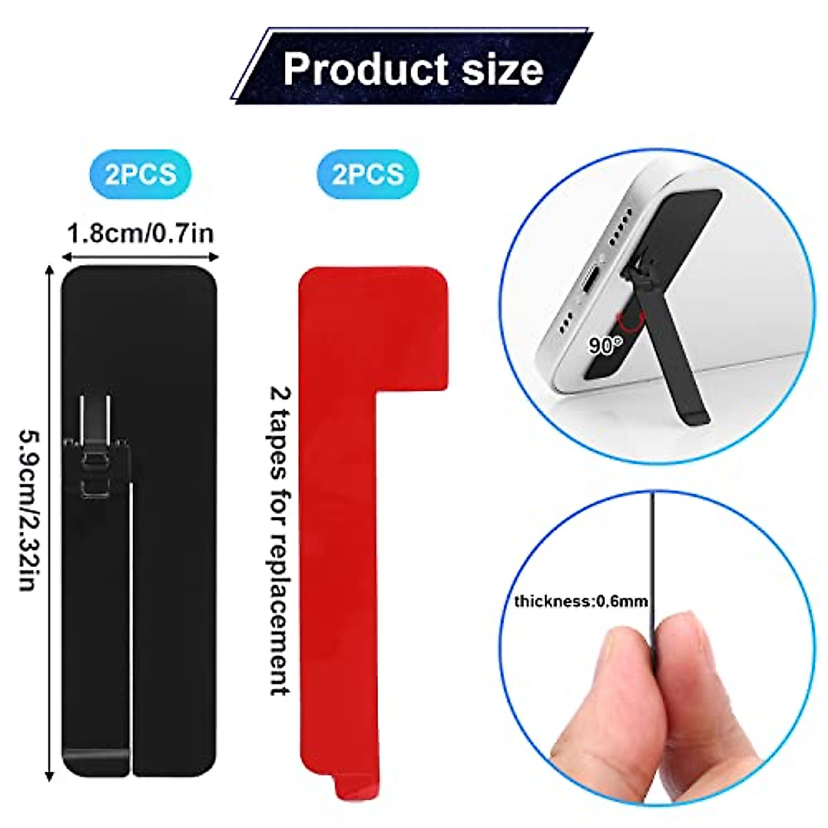 SAVITA 2pcs Phone Kickstand Metal, Thin Metal Phone Stand Stick on with Adjustable Adhesive Horizontal/Vertical Desk Stand Accessories for Cell Phone Case Vertical and Horizontal Stand (Black)