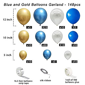 Royal Blue and Gold Balloon Arch Kit, 12"+10"+5" Party Balloons Garland, Metallic Blue Navy Blue Gold Balloons for Birthday Thanksgiving Baby Shower New Year Party Decoration -168Pcs