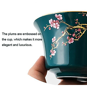 YBK Tech 10oz Large Gaiwan, Porcelain Kung Fu Tea Cup and Saucer with Lid, Chinese Traditional Gaiwan, Sancai Tea Bowl - Embossed Plum Patterns (Green)