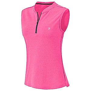 BGOWATU Women's Golf Polo Shirts Sleeveless Zip Up Collarless UPF 50+ Tennis T-Shirt Lightweight Quick Dry Rose XL