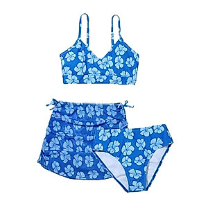 COZYEASE Girls' 3 Piece Set Floral Print Bikini Swimsuit with Drawstring Beach Skirt Cute Ruched Bathing Suit Blue 12 Years