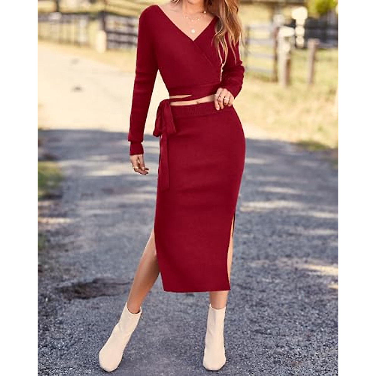 PRETTYGARDEN Women Sexy Sweater Long Sleeve Wrap V Neck Ribbed Knitted Top High Waist Bodycon Two Side Slit Skirt Set(Solid Wine Red,Large)