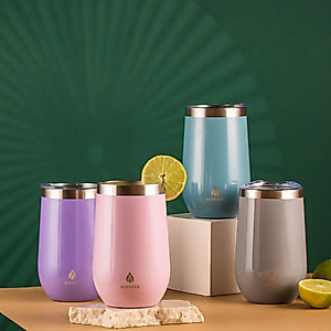 Manna Airén Double Wall Insulated Stainless Steel Stemless Wine Cup Tumbler with Splash-Proof Lid - 16 Oz - Purple