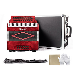 31-Key Diatonic Accordion, 12 Bass, G/C/F, Accordion Instruments for Adults With Suitcase, Cleaning Cloth, Straps and Gloves (Red)