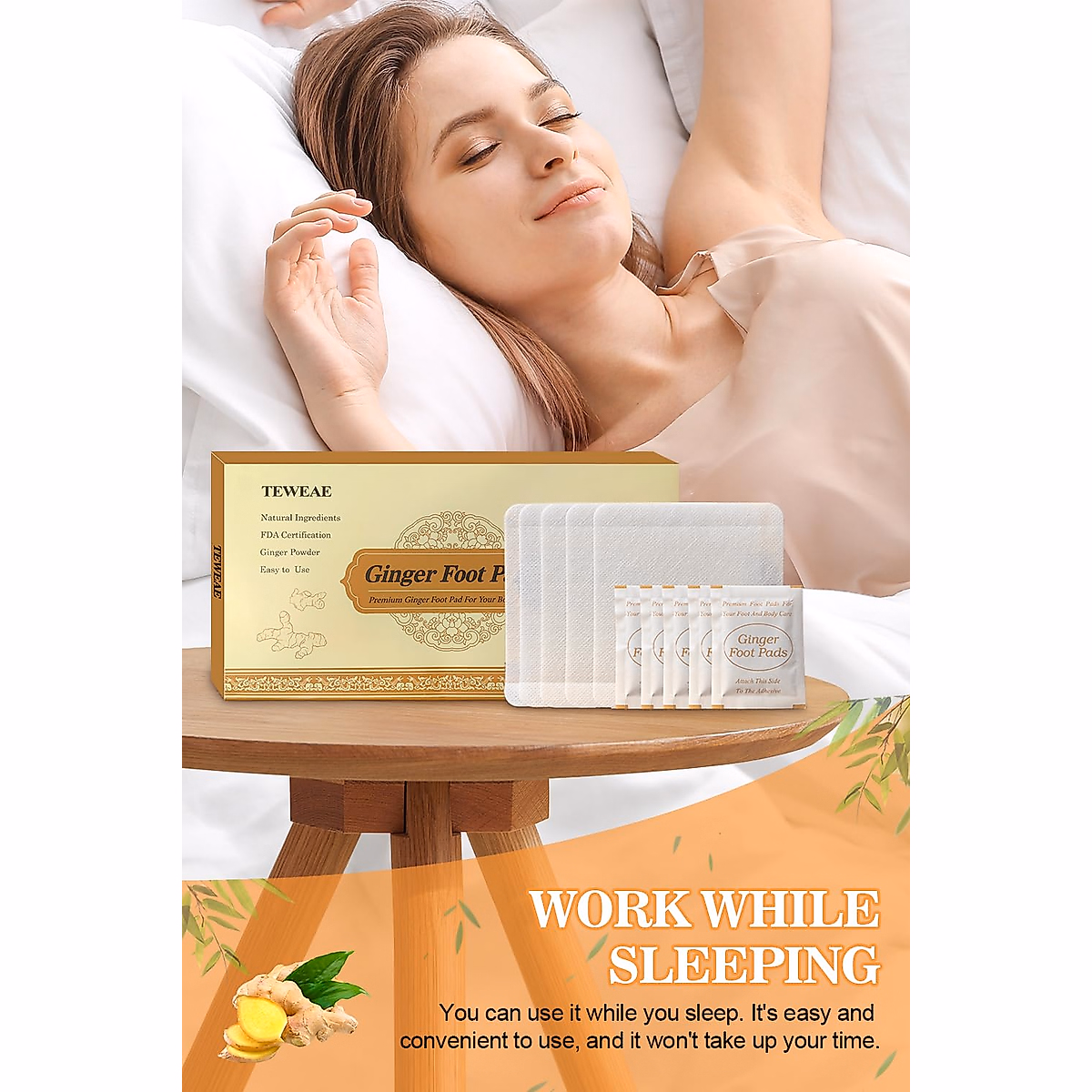 TEWEAE Foot Pads, Ginger Foot Pads, Natural Ginger Powder Bamboo Vinegar Foot Patches 20 Packs.