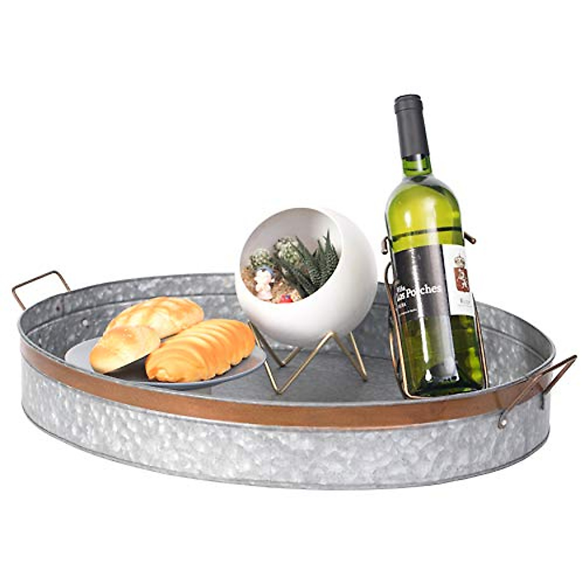 Galvanized Metal Oval Rustic Serving Tray with Handles, Large