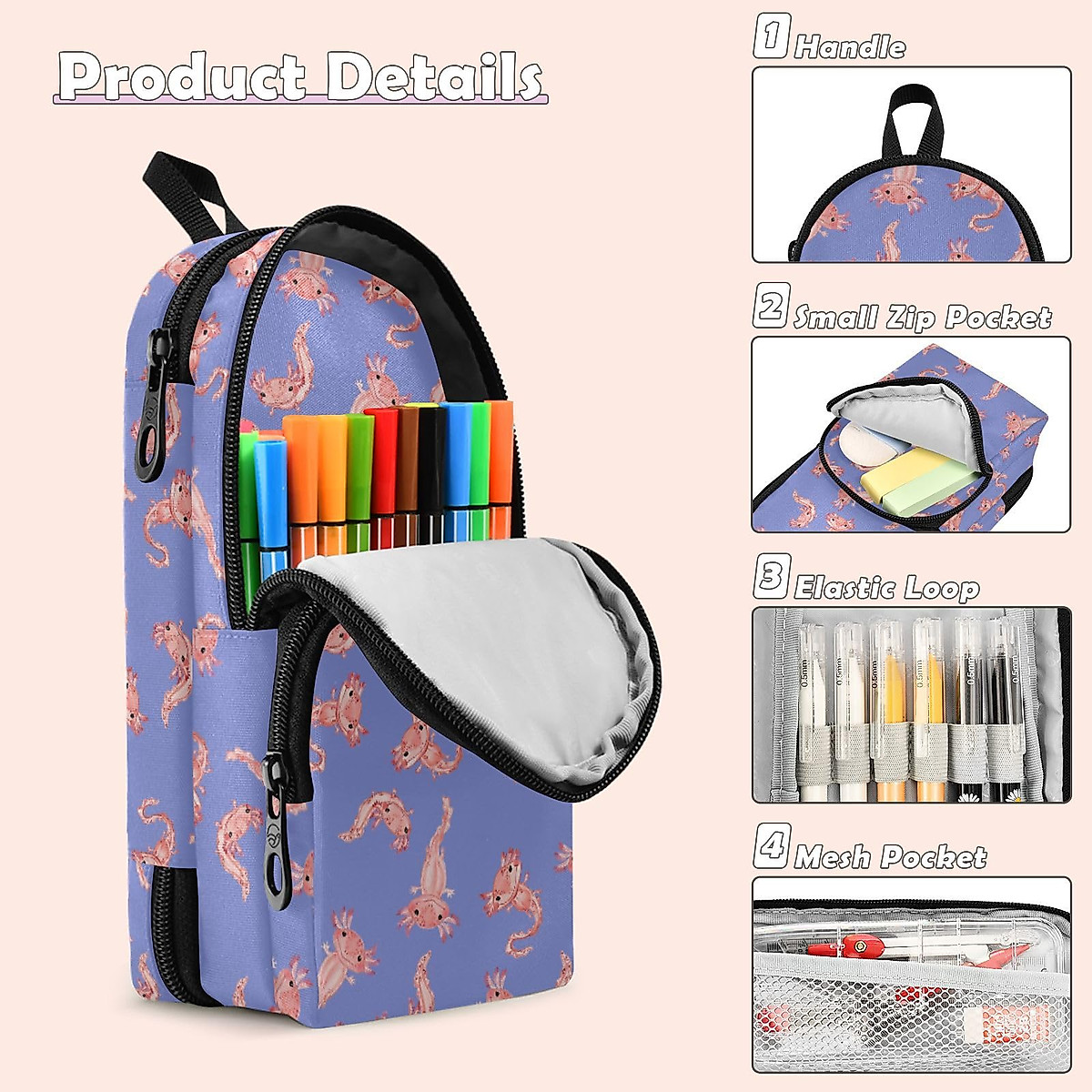 Sletend Cute Axolotl Salamander Pencil Case Big Capacity Handheld Pencil Pouch Portable Large Storage Canvas Pencil Bag for Boys Girls Adults Students