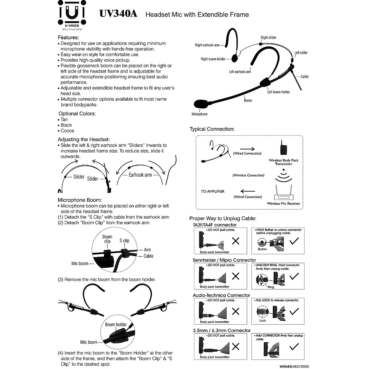 U-Voice UV340A Ultra Lite Adjustable Frame and Boom Black Color Headset Microphone (for Shure)