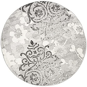 SAFAVIEH Adirondack Collection Area Rug - 4' Round, Silver & Ivory, Floral Glam Damask Distressed Design, Non-Shedding & Easy Care, Ideal for High Traffic Areas in Living Room, Bedroom (ADR114B)