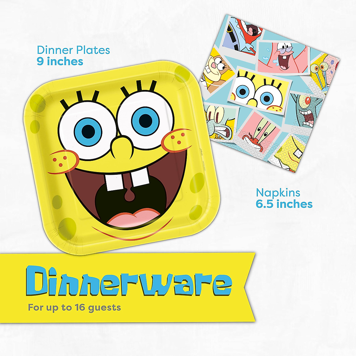 Spongebob Party Supplies Set | Serves 16 Guests | Spongebob Party Decorations With Table Cover, Banner Decoration, Spongebob Plates, Napkins, Balloons, Crepe Streamer, Candles and Button