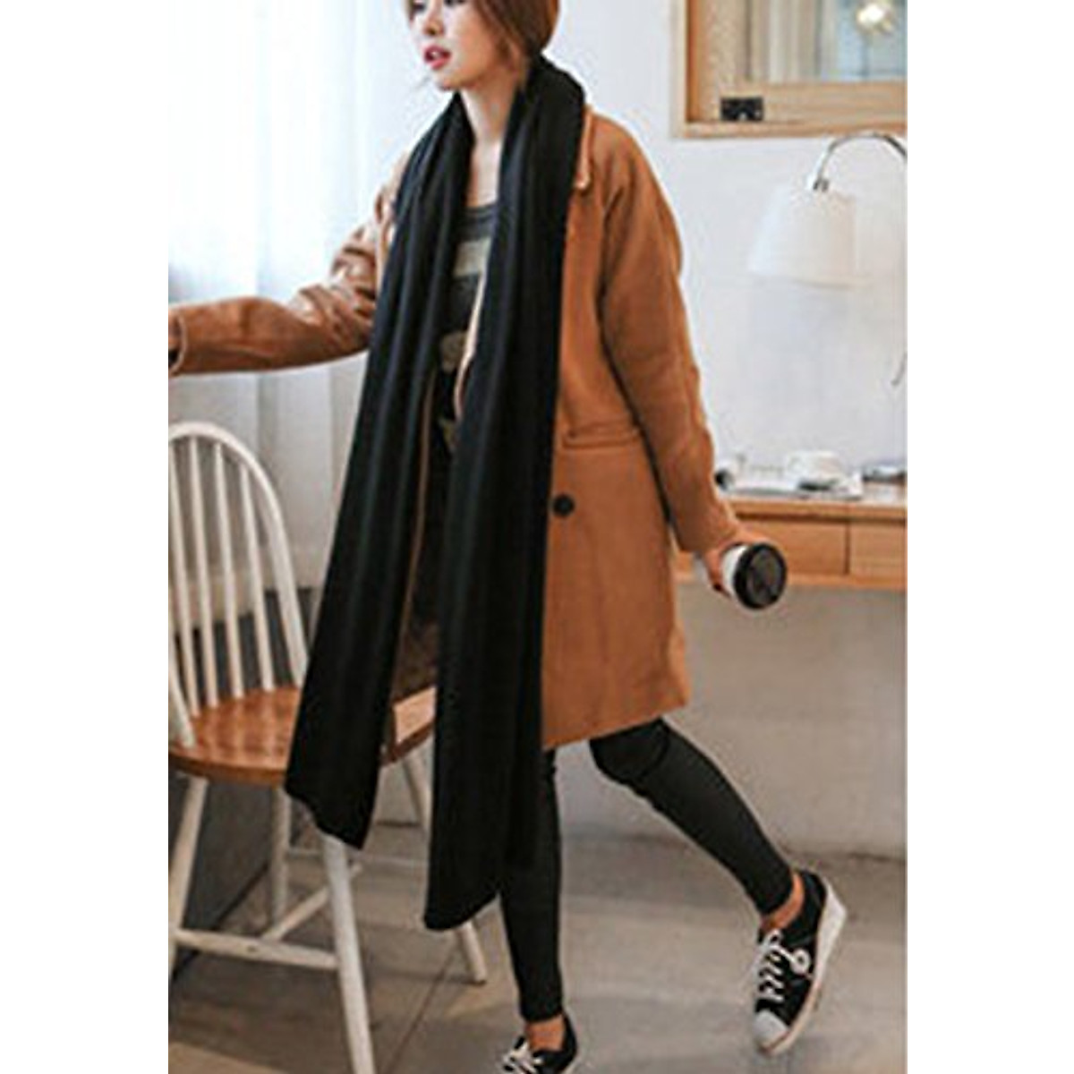 Wander Agio Womens Warm Long Shawl Winter Upset Large Scarf Pure Color Black