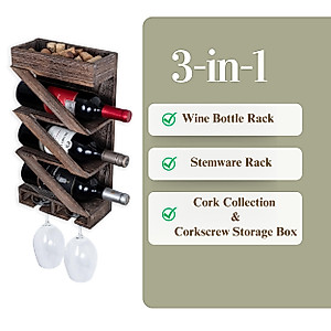 Rustic State Rioja Wall Mount Wood Wine Rack with 2 Glass & 3 Bottle Holder, Stemware Shelf, Cork Storage - Corkscrew Holder for Champagne, Red & White Wine - Home, Kitchen, Dining Room Bar Décor