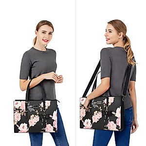 MOSISO Laptop Tote Bag Compatible with MacBook Air 15 inch M2 A2941/Pro 16 M3 M2 M1, 15-15.6 inch Notebook, Peony PU Leather Travel Work Briefcase with Detachable Bowknot & Small Purse, Black