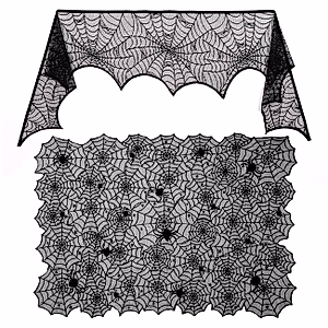 Sunnyglade Halloween 18"x96" Lace Spiderweb Fireplace Mantle Cover Fireplace Scarf & 54"x72" Rectangular Black Spider Web Lace Tablecloth, Festive Party Halloween Supplies