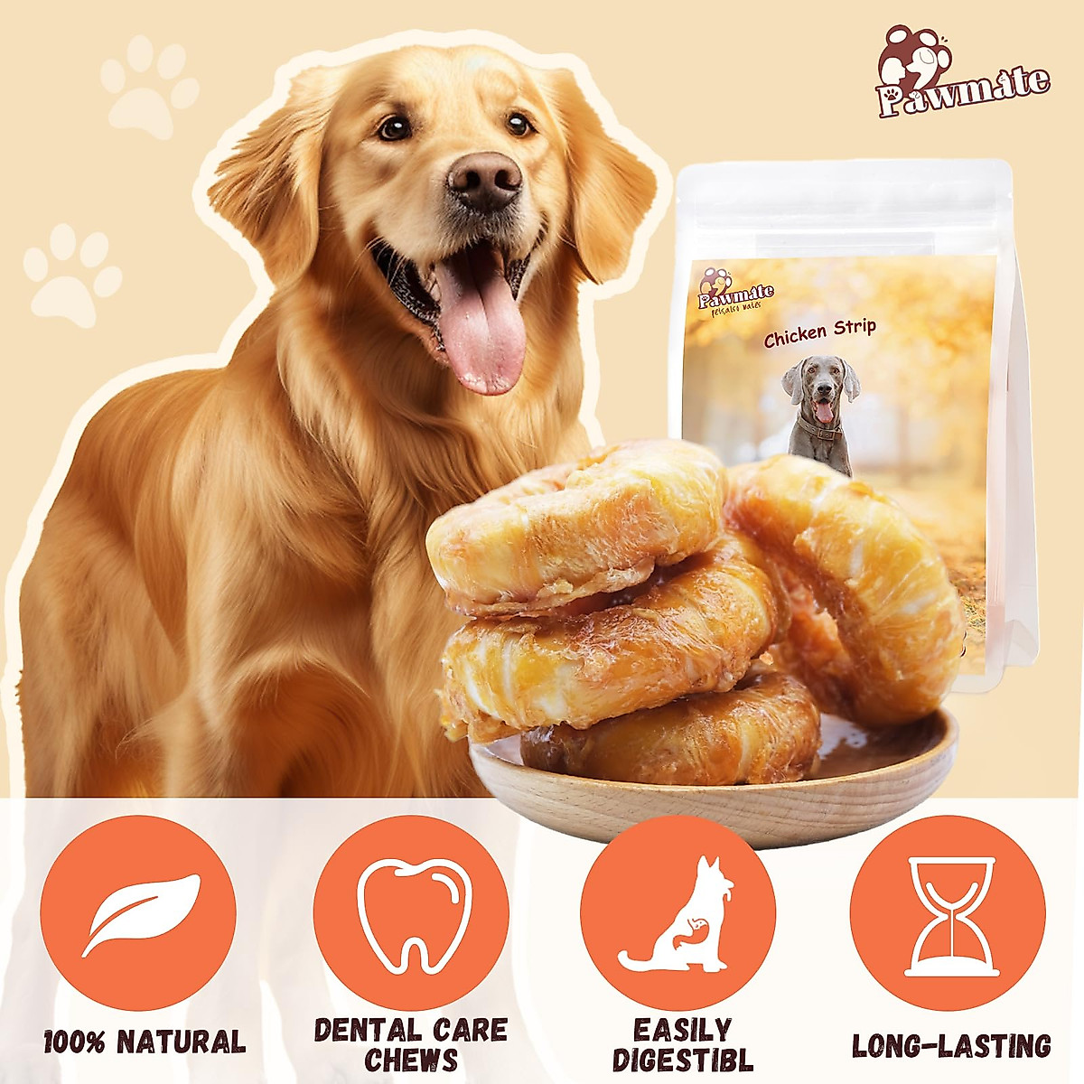 Pawmate Dog Treats Large Breed, Chicken Wrapped Rawhide Donuts Ring Rawhide Dog Chews Long Lasting Grain Free Snacks with Taurine for Medium Large Dogs 4 Counts