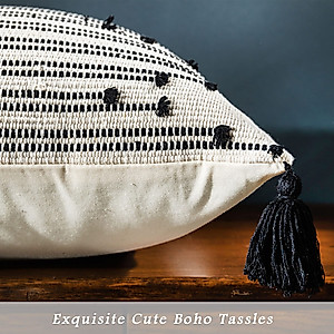 LIGICKY Boho Lumbar Pillow Covers Decorative Woven Tassel Throw Pillows Rectangle Pillow Sham Black and Off White Pillowcase for Couch Sofa Bed Car 12x20 Inch