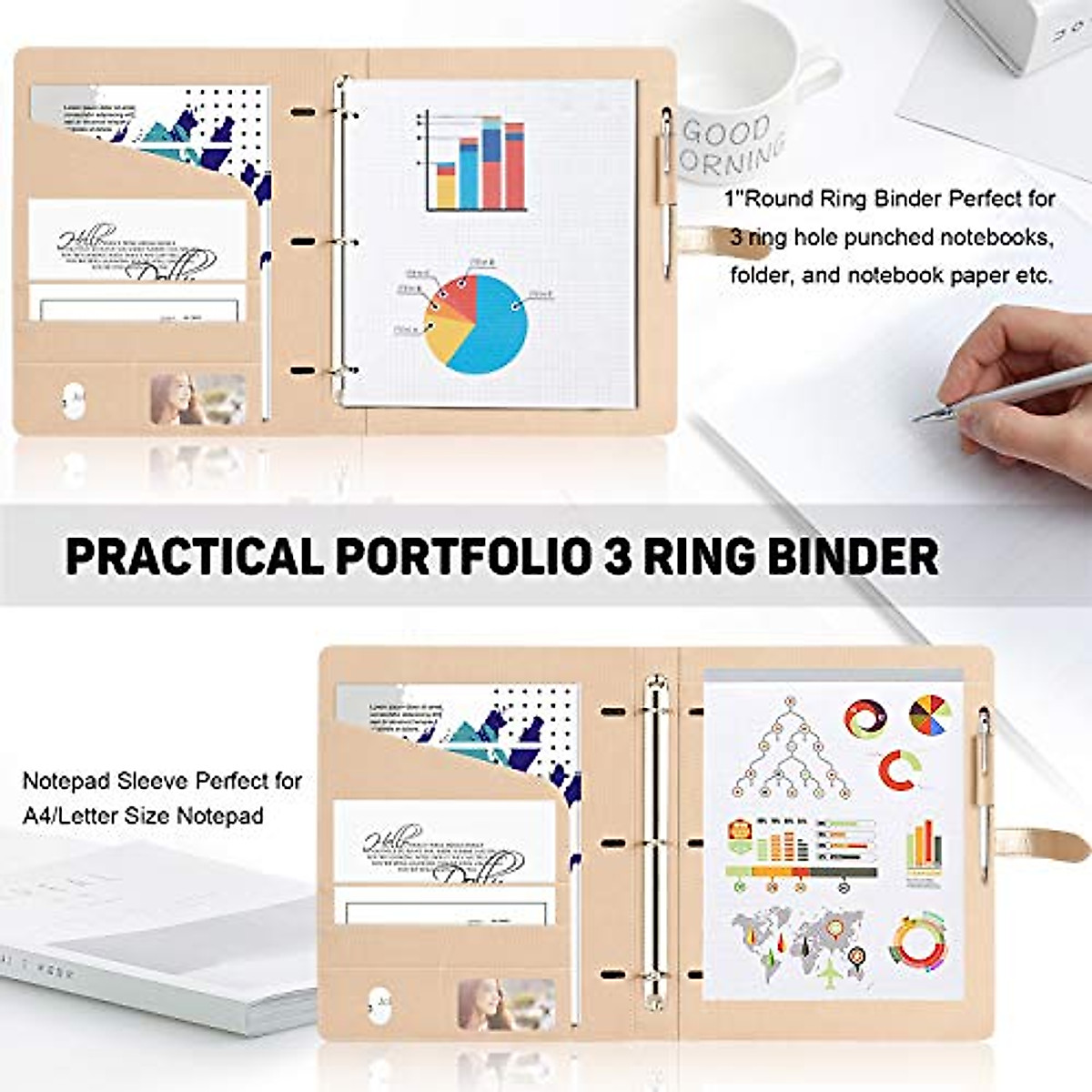 Toplive Padfolio 3 Ring Binder (1'' Round Ring) Business Portfolio Folder for Interview, Conference and Presentation, Gold