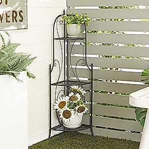 Deco 79 Metal Scroll Indoor Outdoor Tall Folding 3 Shelf Bakers Rack, 17" x 11" x 46", Black