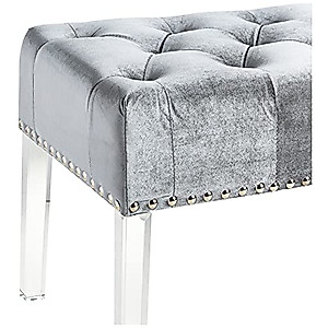 Roundhill Furniture Valley Button Tufted Velvet Upholstered Bench with Acrylic Leg, Grey