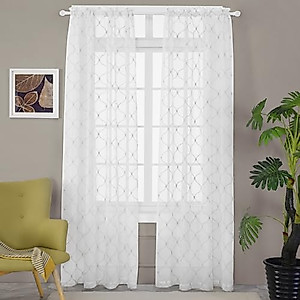 Embroidered Wave Diamond Sheer Curtains White 95 Inches, Window Treatments Rod Pocket Drapes for Living room, Bedroom, Semi Voile Curtain Panels for Yard, Patio, Villa, Parlor, Set of 2, 52"x95".