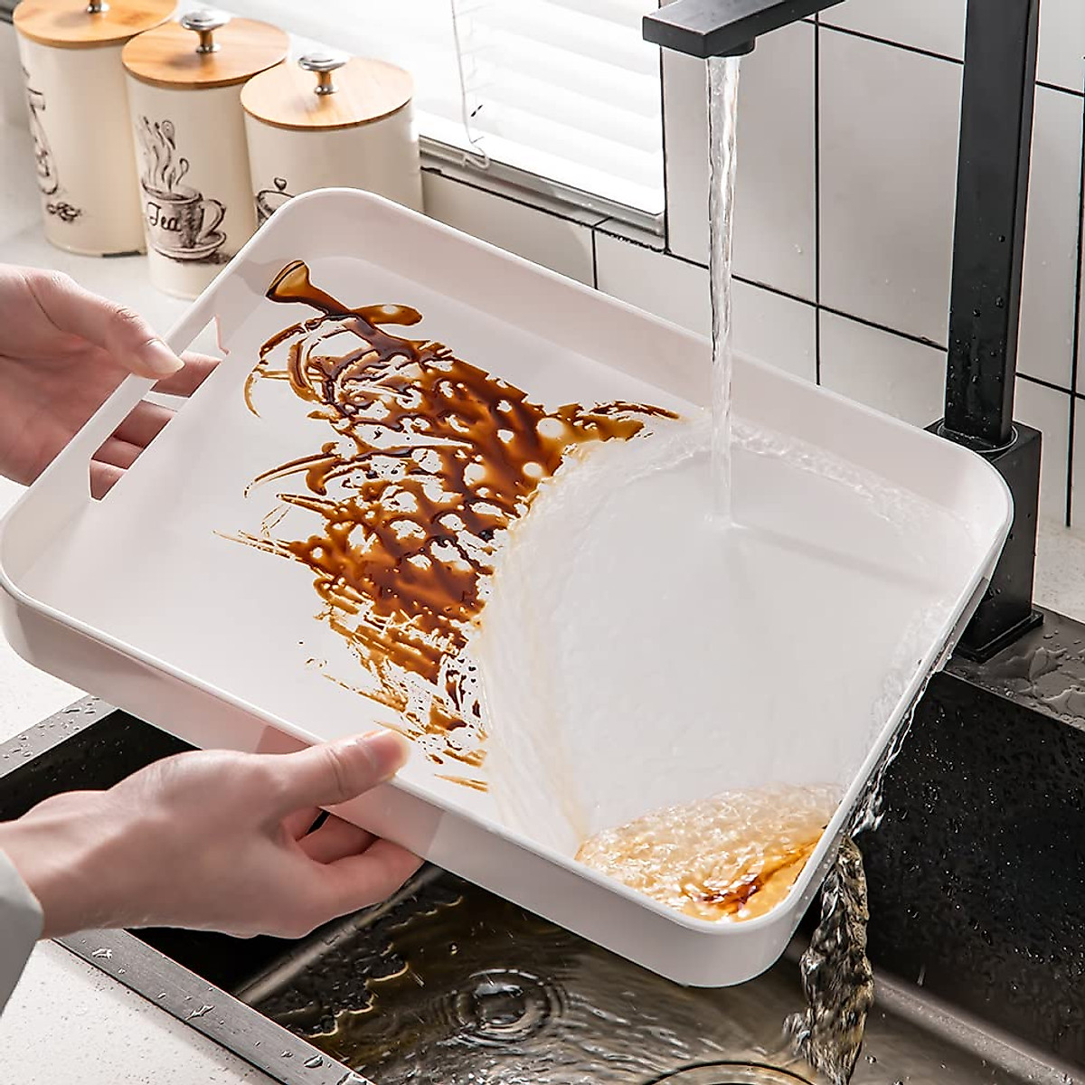 Plastic Serving Tray with Handles Rectangular in White 12.99inchx10.24Inch, Breakfast Tray Reusable Charcuterie, Food, Snack, Dessert Platters, Used in Bedroom, Kitchen, Living Room, Bathroom…