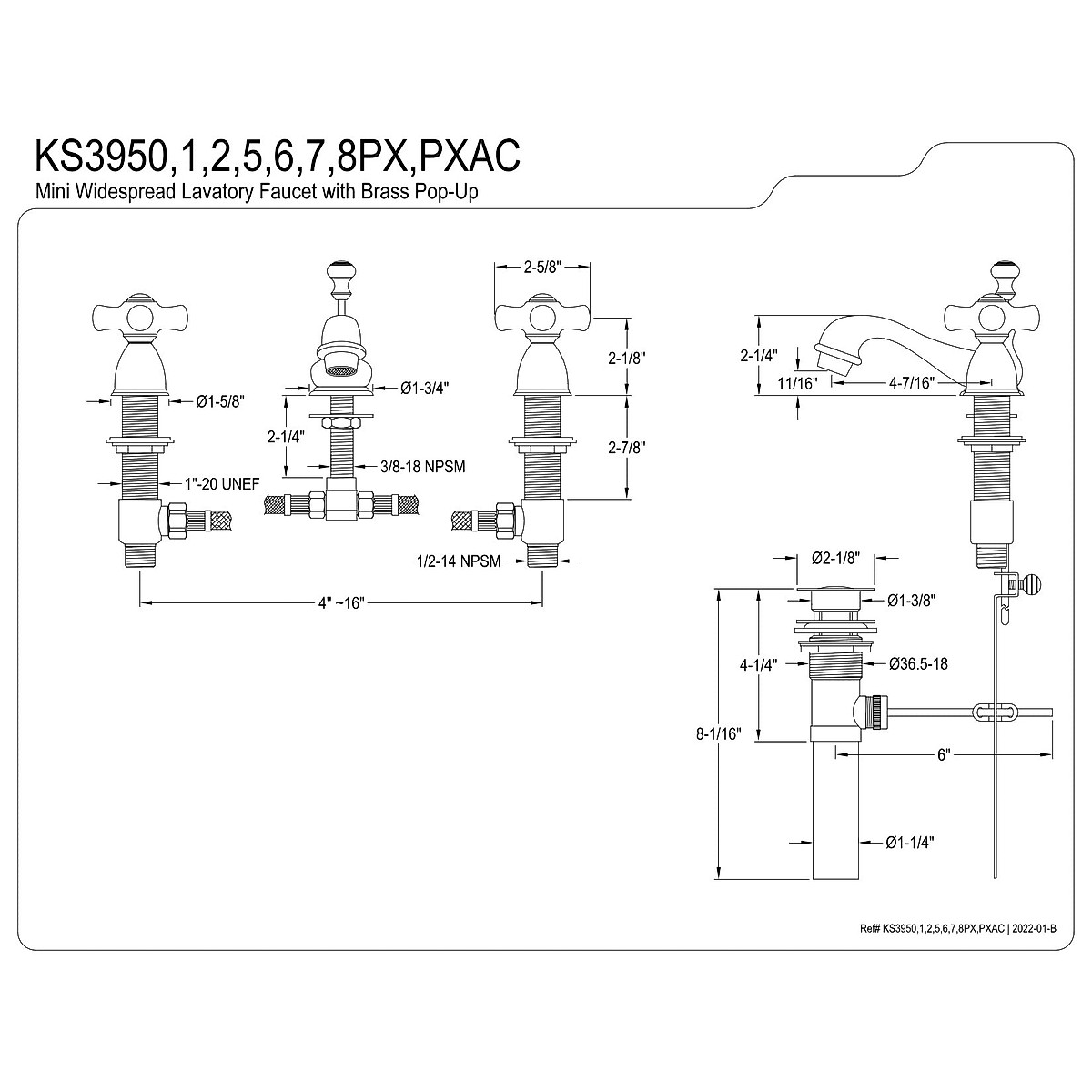 Kingston Brass KS3955PX Restoration Mini Widespread Lavatory Faucet with Porcelain Cross Handle, Oil Rubbed Bronze, 4-Inch Adjustable Center