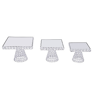 3 Piece Dessert Stand Cake Plate,Crystal Plated Cheese Dessert Cupcake Cake Stand with Mirror Plate-Silver Square