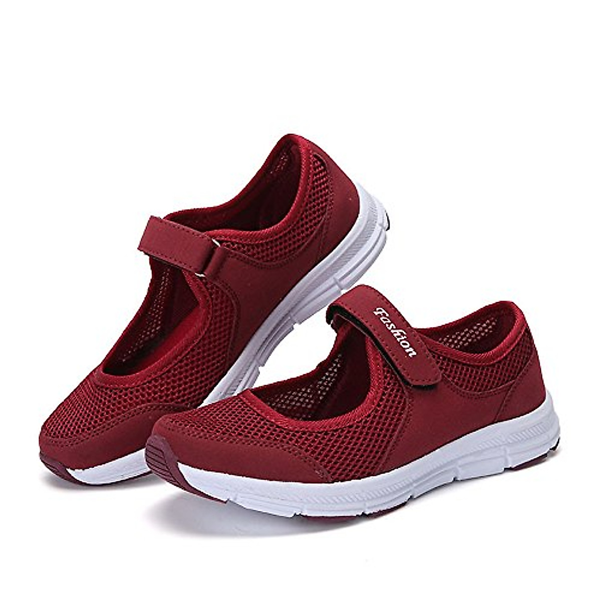 WEUIE Mary Jane Shoes for Women,Women's Comfortable Breathable Fitness Running Sports Shoes Lightweight Mesh Sneakers Wine
