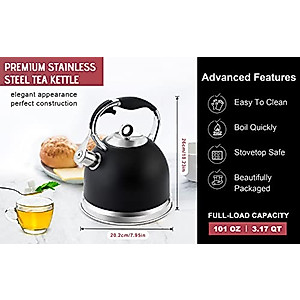 Tea Kettle - HIHUOS 3.17QT Whistling Tea Pots for Stove Top - Sleek 18/8 Stainless Steel Stovetop Kettle, Easy-grip Handle With Trigger Opening Mechanism, 1 Free Silicone Pinch Mitt Included (Black)