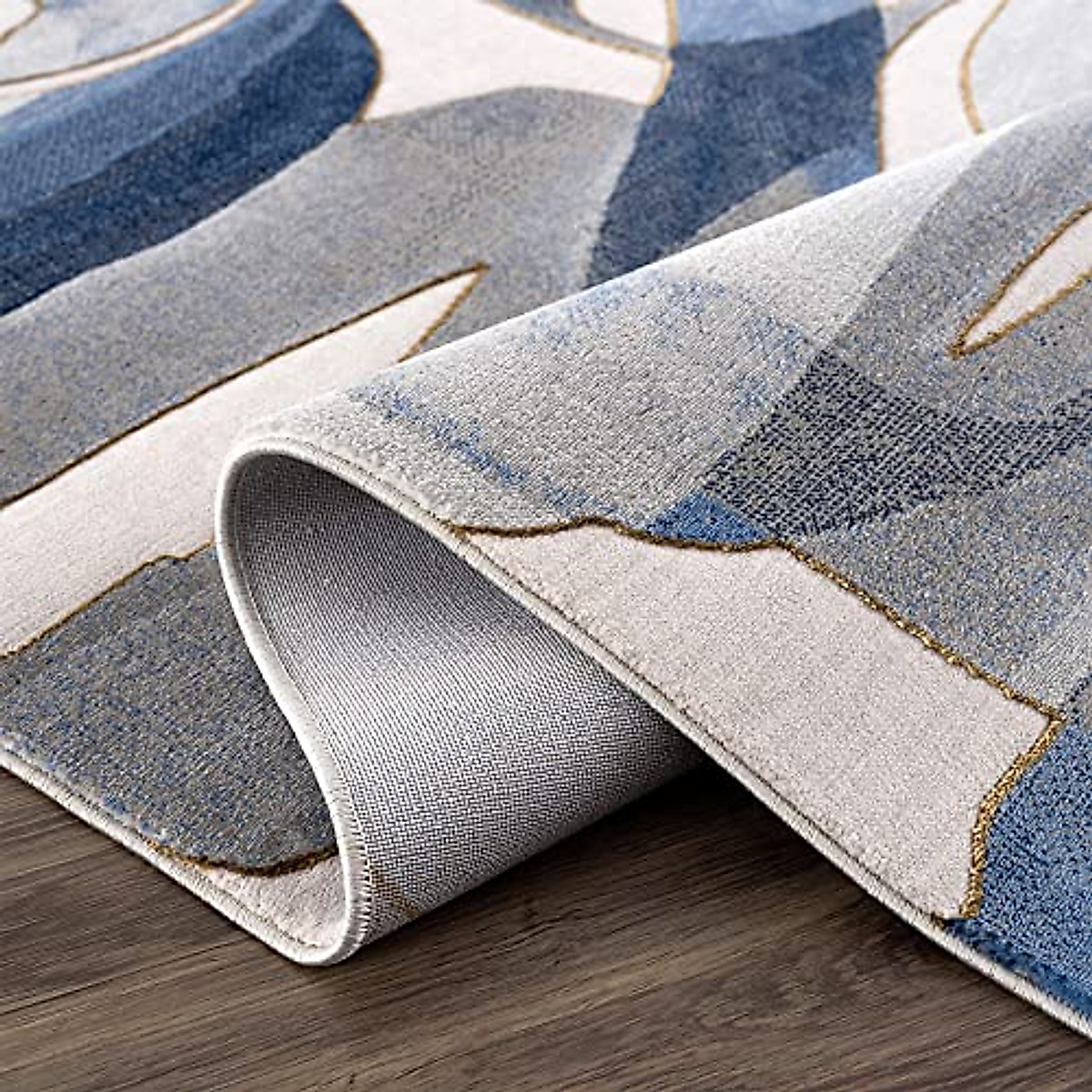 Abani Unique Blue & Grey Modern Circles Design Area Rug - Contemporary Asymmetric Print Non-Shed 6’ x 9’ Living Room Rug Rugs