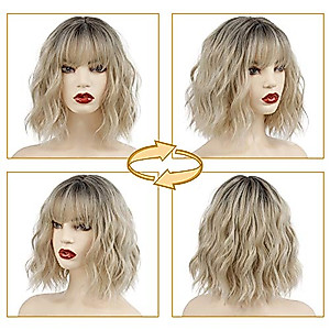 MISSQUEEN Short Ombre Blonde Wigs Wavy Bob Wig with Bangs Women Synthetic Curly Pastel Bob Wig for Girl Colorful Cosplay Wigs