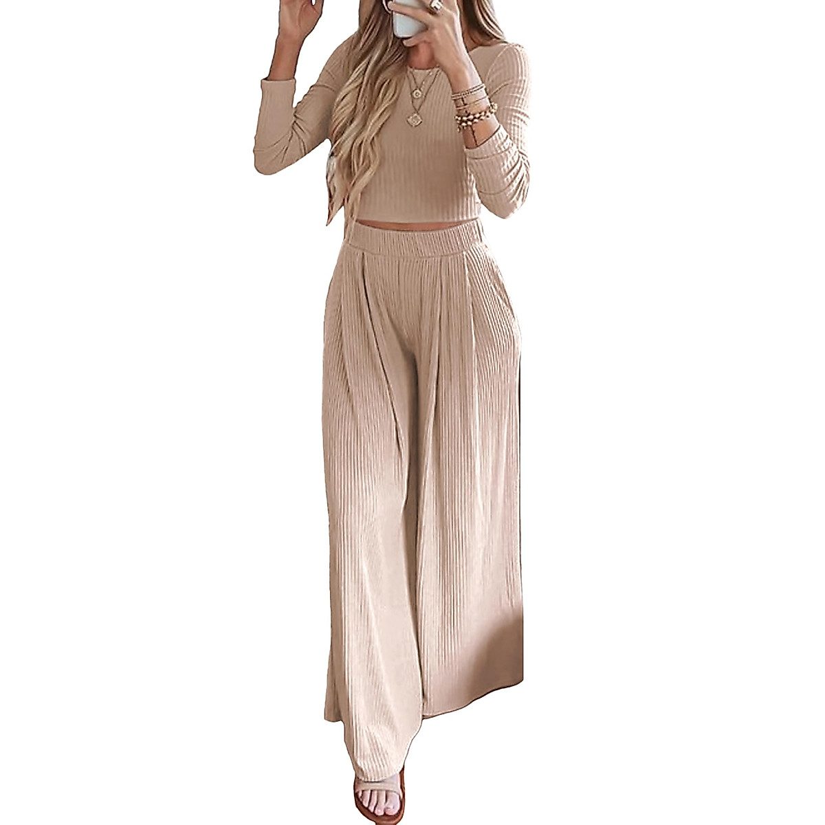 BTFBM Women's Two Piece Lounge Set Long Sleeve Bodycon Ribbed Knit Crop Top Loose Wide Leg Pant Casual Outfits Sweatsuit(Solid Apricot, Medium)