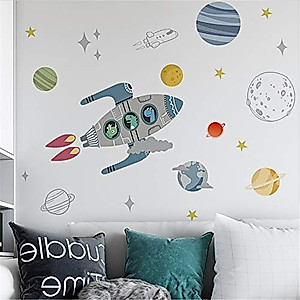 ROFARSO Cartoon Cute Dinosaurs on Rocket Wall Stickers Planets Outer Space Stars DIY Vinyl Removable Large Wall Decals Art Decorations Decor for Kids Boys Bedroom Living Room Playing Room Murals