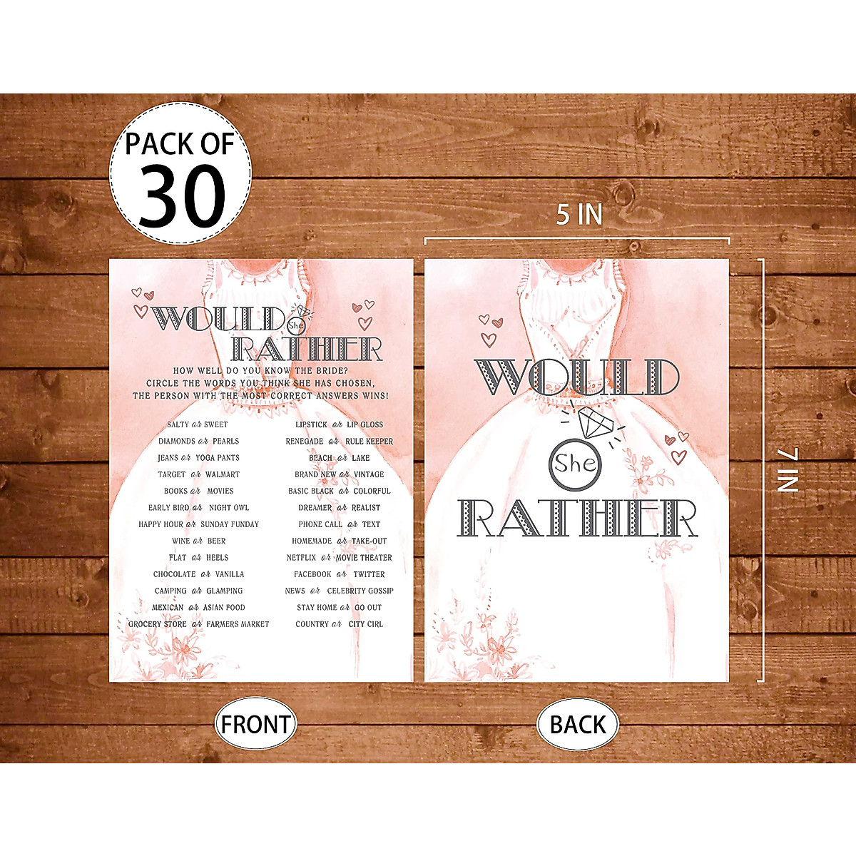 Jusitakeet Bridal Shower Games, Wedding Party Games, (Would She Rather), Bridal Shower Decorations, Gift – 30 Cards per Set (Suit010)