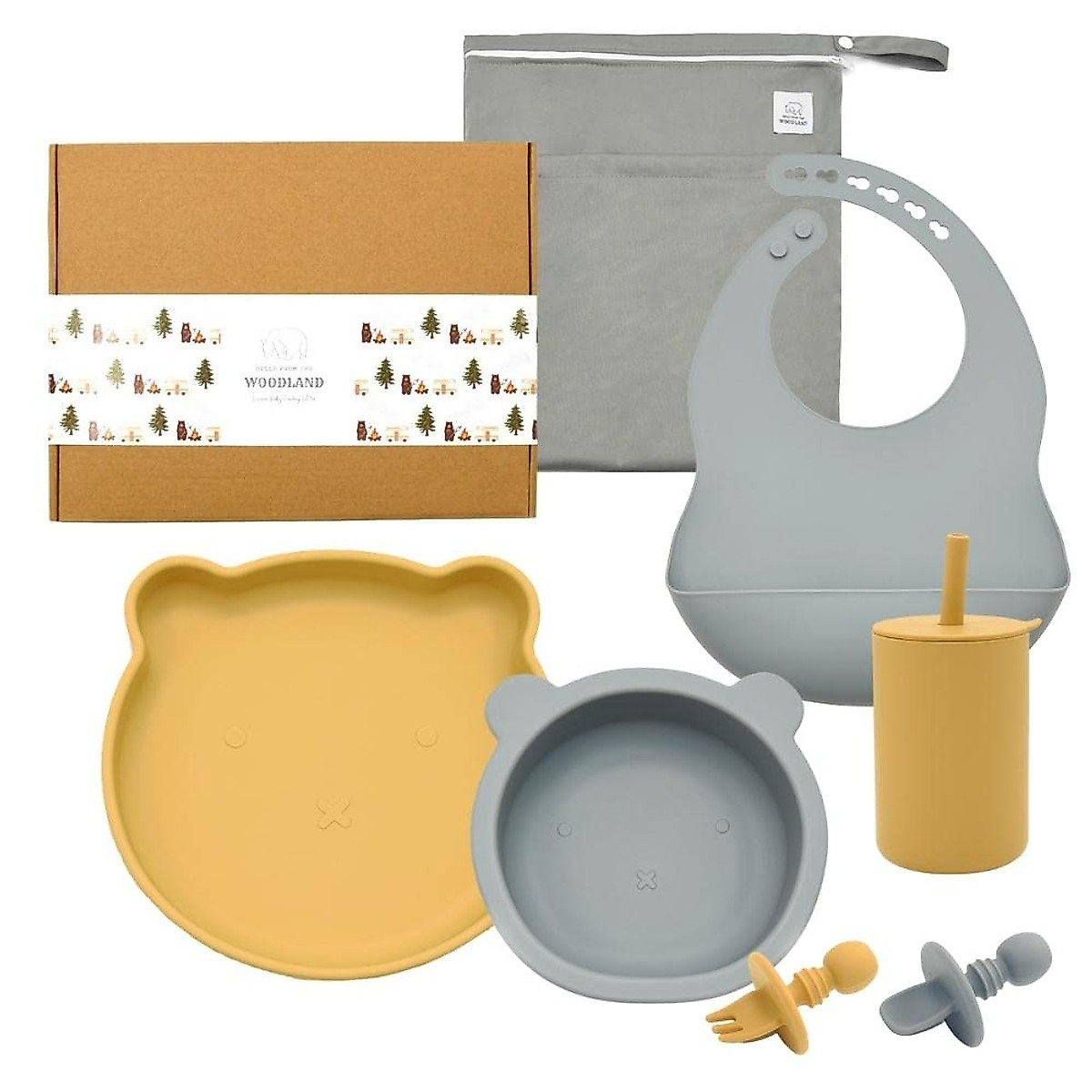 Baby Feeding Set with Reusable Wet Bag in Gift Box, Silicone Baby Led Weaning Supplies, Suction Baby Plate and Bowl Set, Food Grade Bib, Spoon, Fork, Sippy Cup, Bowl and Plate - 100% BPA Free!