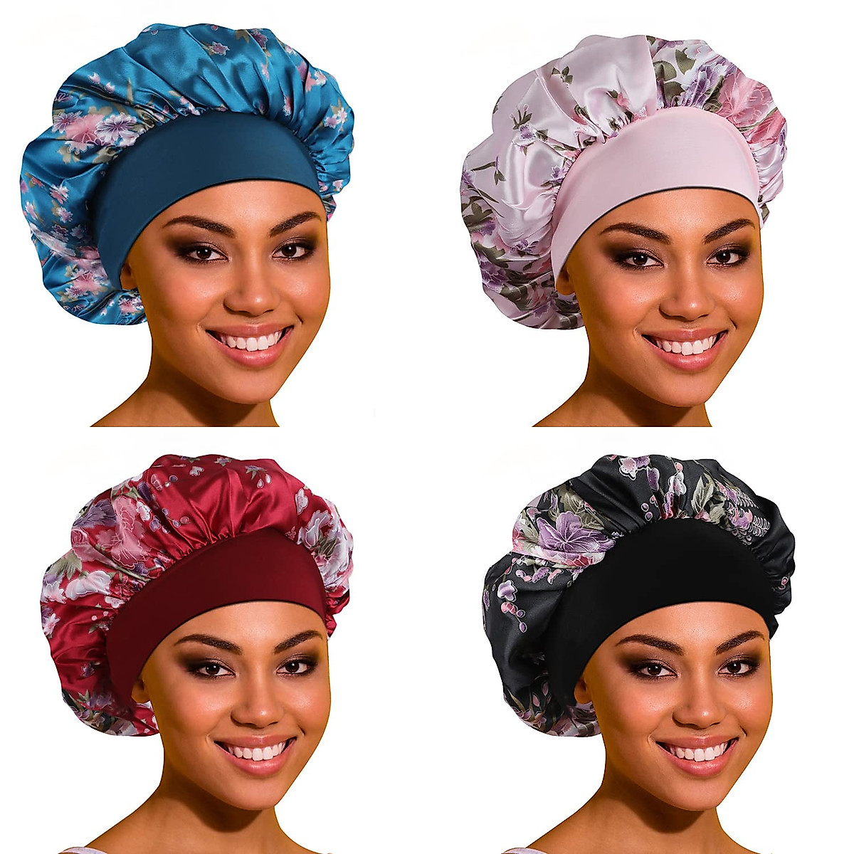 ROYBENS Satin Bonnet Hair Bonnet for Sleeping- 4 Pack Large Bonnets for Black Women with Elastic Soft Band for Hair Care