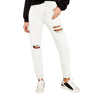 luvamia Women's Casual Ripped Jeans High Waisted Boyfriend Jeans Tapered Mom Jeans Denim Pants Brilliant White Size Large
