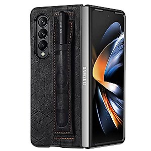 Omio Designed for Samsung Galaxy Z Fold 3 Leather Case with S Pen Holder & Strap, Wrist Strap Leather Back Cover Case Hard PC Shockproof Finger Grip Case for Galaxy Z Fold 3 Men Women Girls, Black
