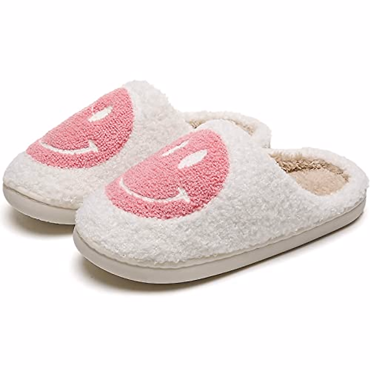 PLMOKN Smile Face Slippers,Retro Soft Plush Lightweight House Slippers Slip-on Cozy Indoor Outdoor Slippers,Slip on Anti-Skid Sole white + pink01 6-7Women/5-6Men