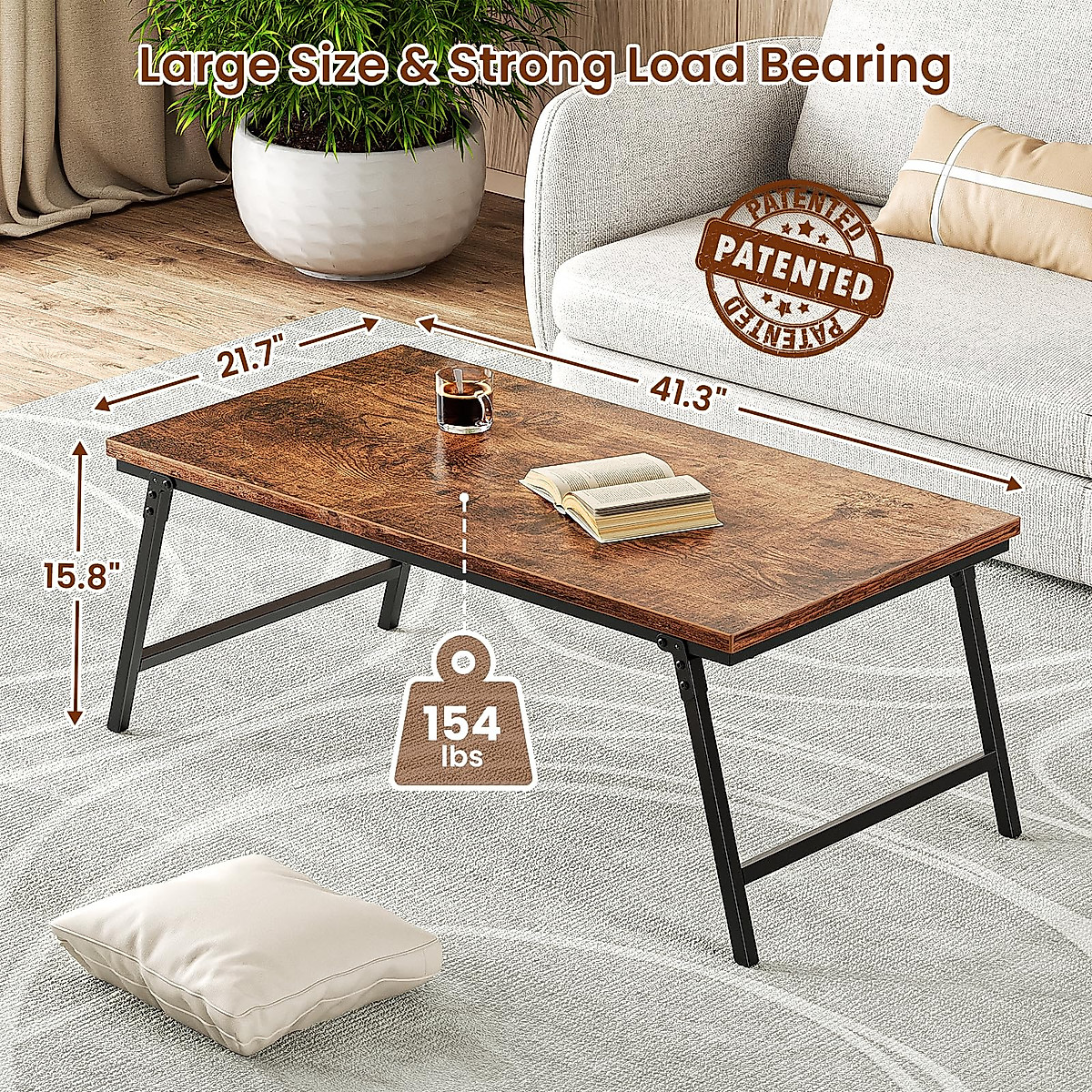 ALLSTAND Folding Coffee Table, Leg Latches Portable Sturdy Floor Table Desk for Sitting on The Floor, No Assembly Low Coffee Table for Living Room, Home, Office, Rustic Brown, 41.34L×21.65W×15.75H