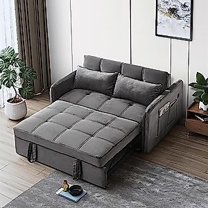 Velvet Pull Out Sleeper Sofa Bed with USB Ports, Convertible Futon Couch with Adjustable Backrest, 3 in 1 Modern Loveseat with 2 Pockets and Pillows, Small Love Seat for Living Room, Office, Dark Grey