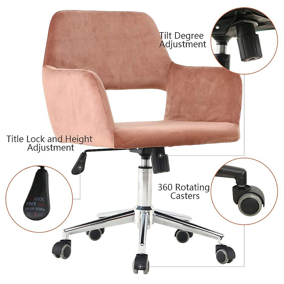 Velvet Fabric Home Office Chair with Open Back Upholstered Swivel Desk Chair with Arms and Adjustable Height for Small Spaces Home Office Living Room Bedroom Pink