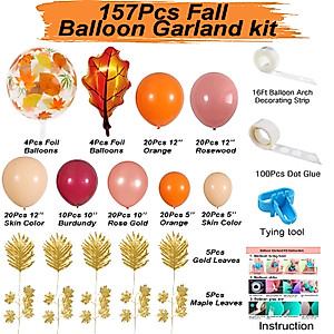 Fall Balloons Garland Kit,157 Pack Orange Brown Confetti Balloons 16Ft Balloon Arch Strip Maple Leaves for Autumn Harvest Birthday Thanksgiving Party Fall Decorations