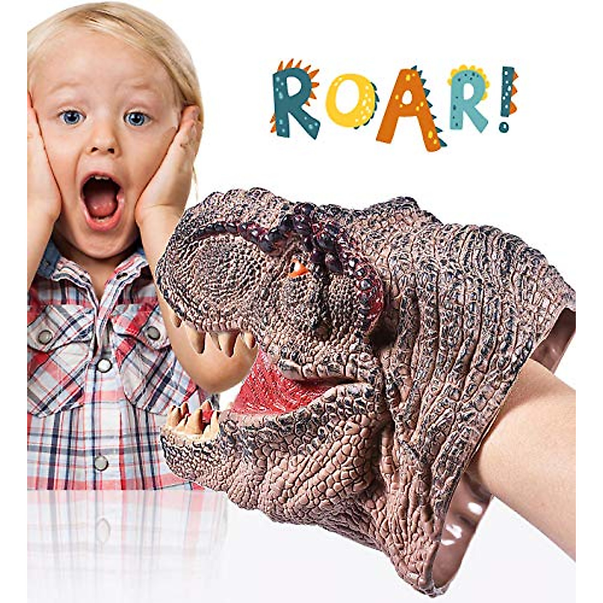 Liberty Imports 2 Pack Dinosaur Hand Puppets | Realistic Soft Rubber Tyrannosaurus Rex & Triceratops Hand Puppet Toys Set for Kids Adults Imaginative Play