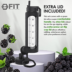 32 oz Glass Water Bottle with Straw Lid, Time Marker, Sleeve & Extra Lid - Motivational, Wide Mouth, Large BPA-Free 1 Liter Glass Water Bottle, Glass Drinking Bottle, Waterbottle (Black Sleeve)