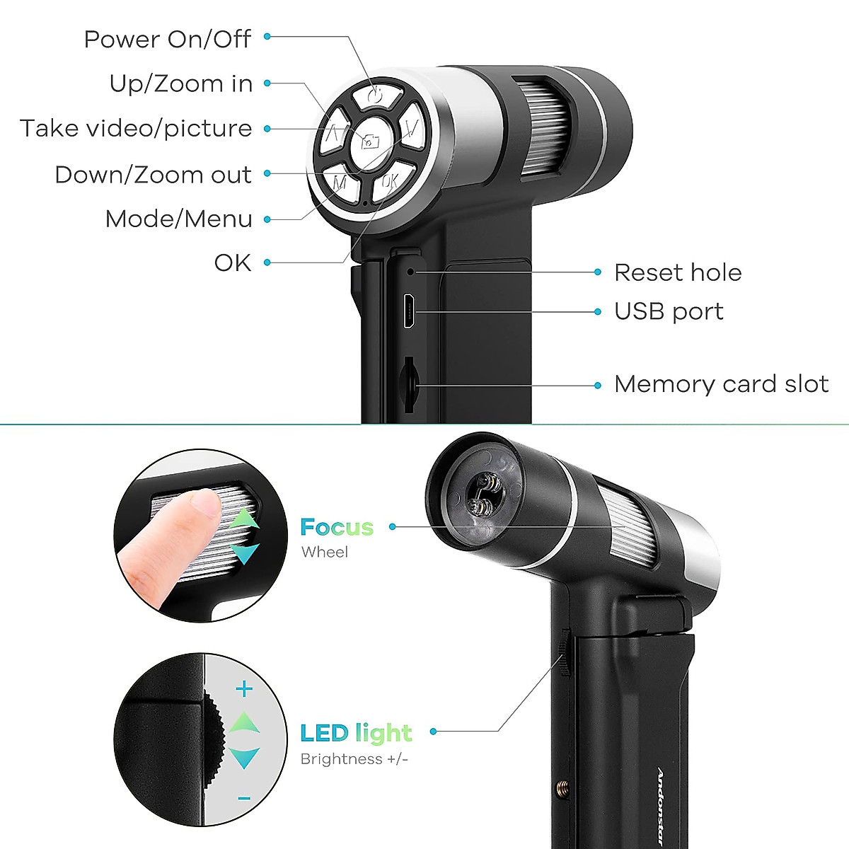Andonstar AD203 Handheld Digital Microscope, 1080P FHD Portable Pocket Microscope, USB Microscope Camera for Kids Adults, 4'' Rotatable Screen, Coin Electronic Magnifier, Windows Compatible, 32GB