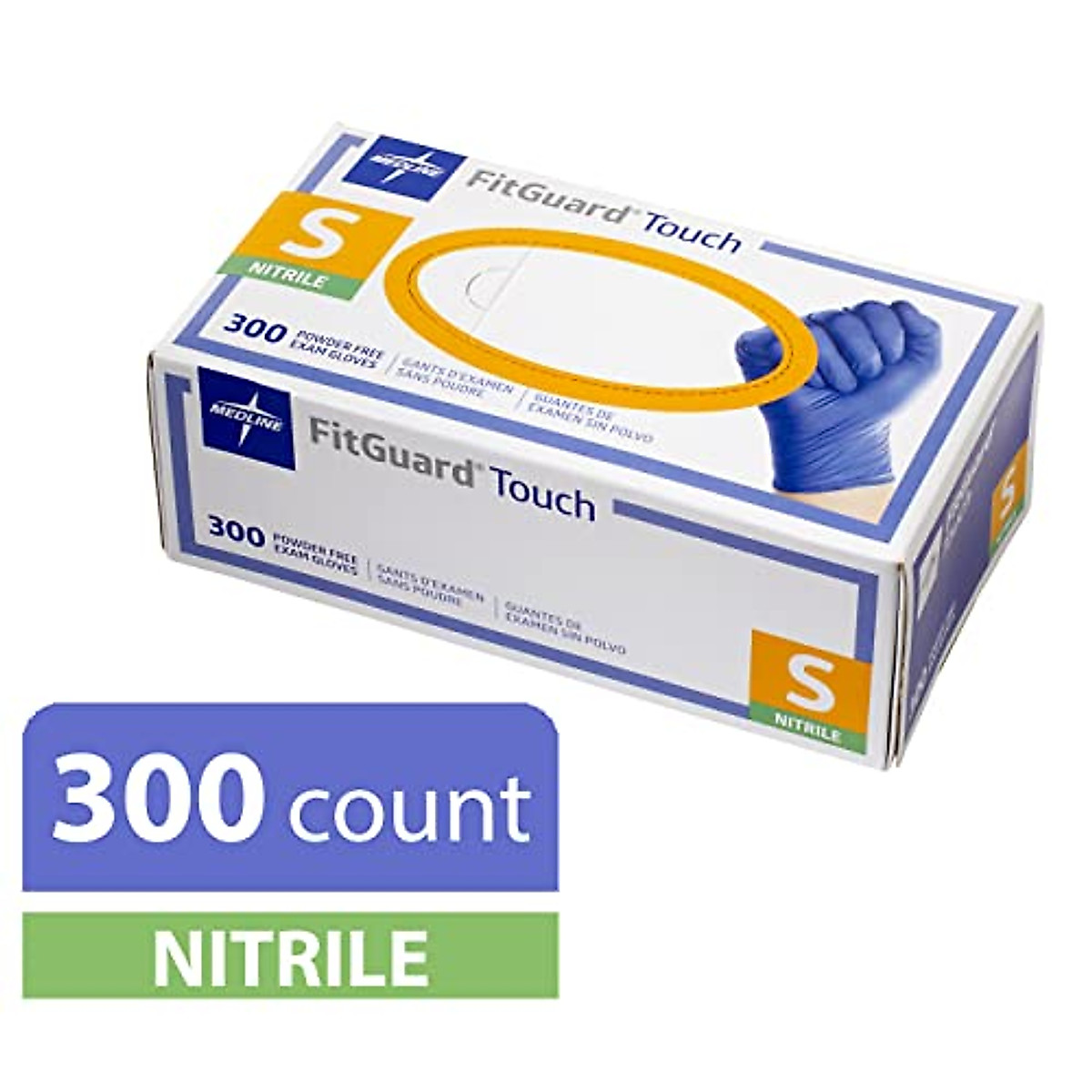 Medline FitGuard Touch Nitrile Exam Gloves, Disposable, Powder-Free, Cobalt Blue, Small, Box of 300