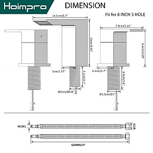 Hoimpro 3 Holes 8 Inch Widespread Bathroom Faucet, Waterfall Two Handles Bathroom Sink Faucet with Pop Up Drain, Bathroom Sink Faucet with cUPC Supply Hoses, Stainless Steel, Matte Black